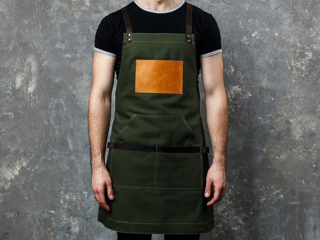 Canvas and Leather Apron - Green Color | olpr.